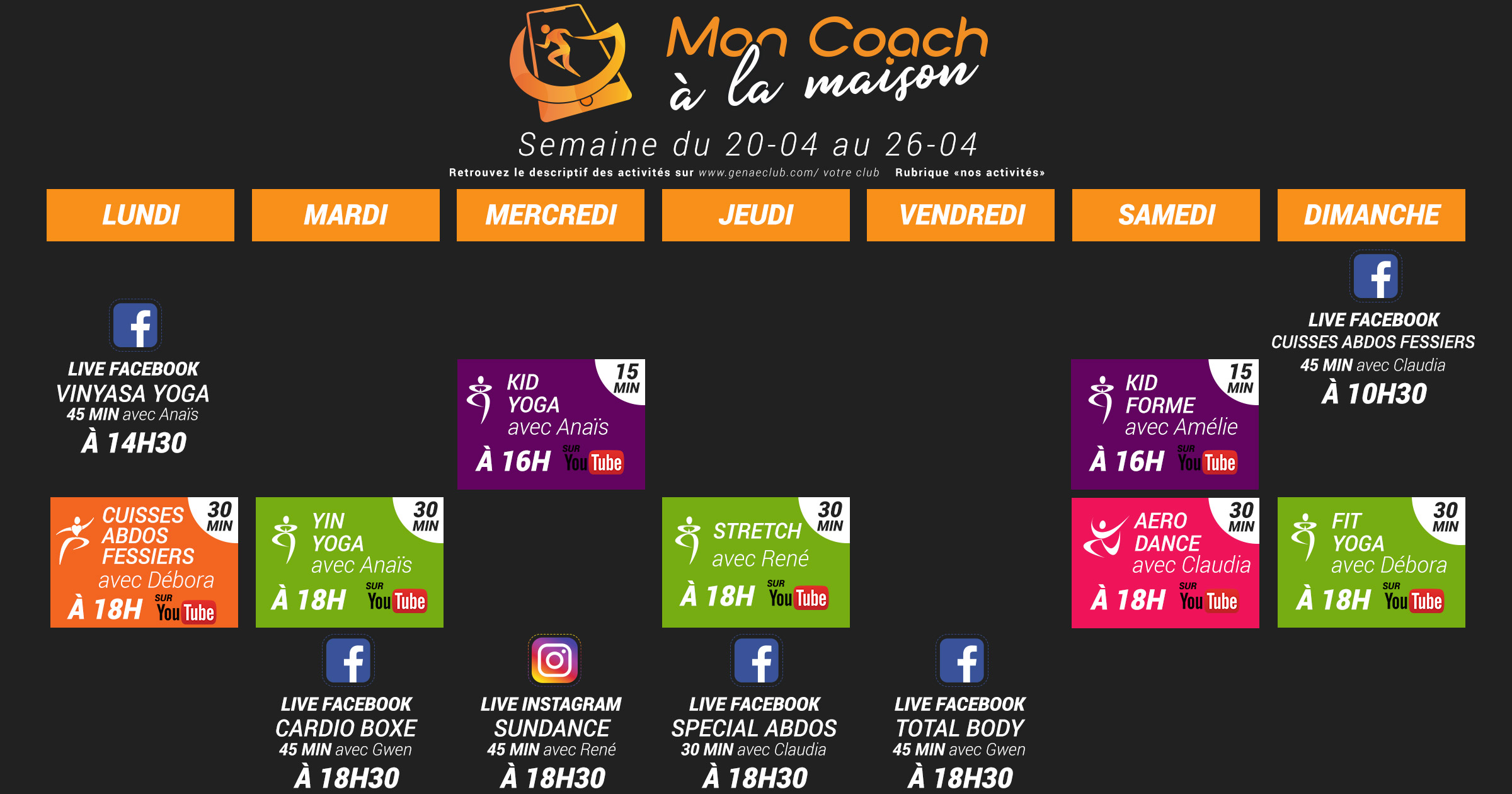 Planning mon coach à la maison - Genae Fitness Club à Bron